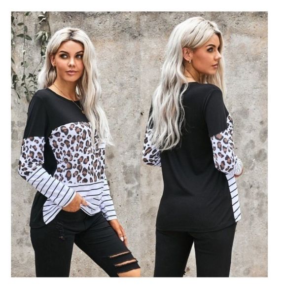 Tops | Leopard Print Color Block Long Sleeve Top | Poshmark